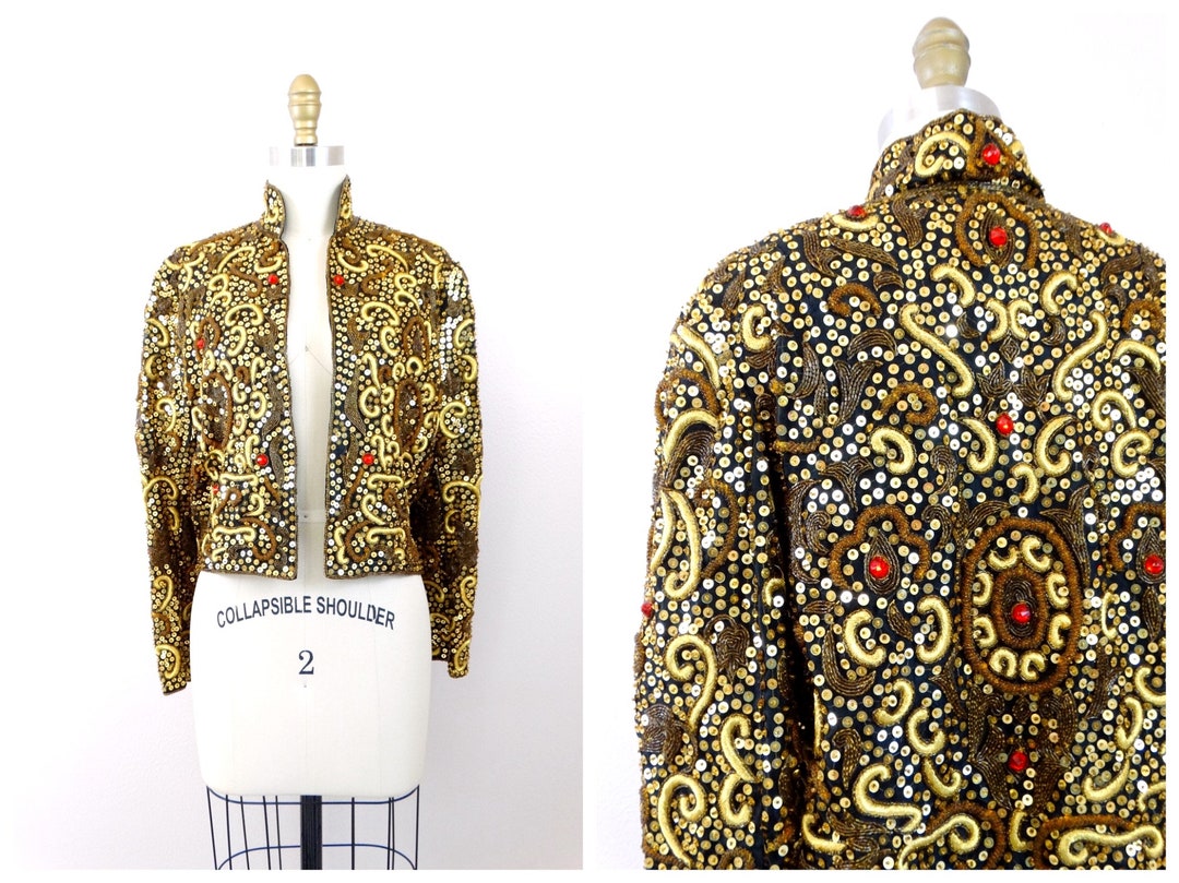 Ornate Jewel Beaded Cropped Jacket / Gold Sequin Red Jeweled Bolero ...
