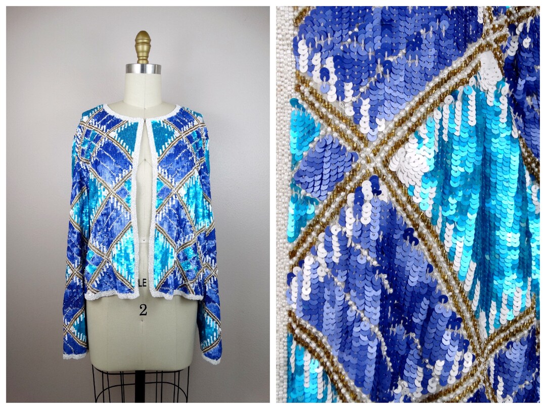 Neon Blue Sequin Jacket / Metallic Sequined Beaded Cardigan Small ...