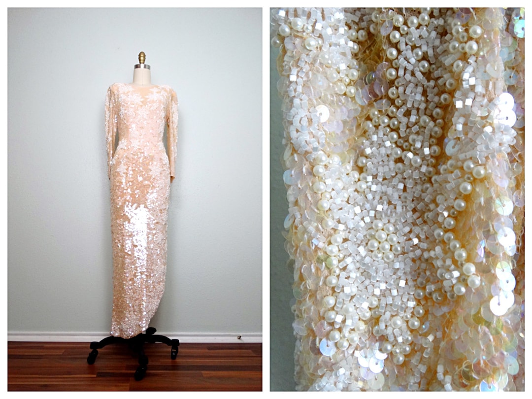 EXQUISITE Pearl Beaded Dress // Iridescent Pink Peach Sequin ...