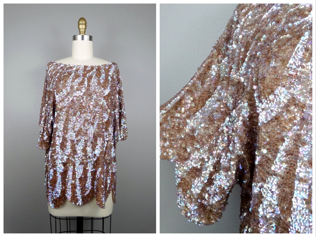 M/L Champagne Sequin Top / Iridescent Pink Cream Taupe Sequined Sheer ...
