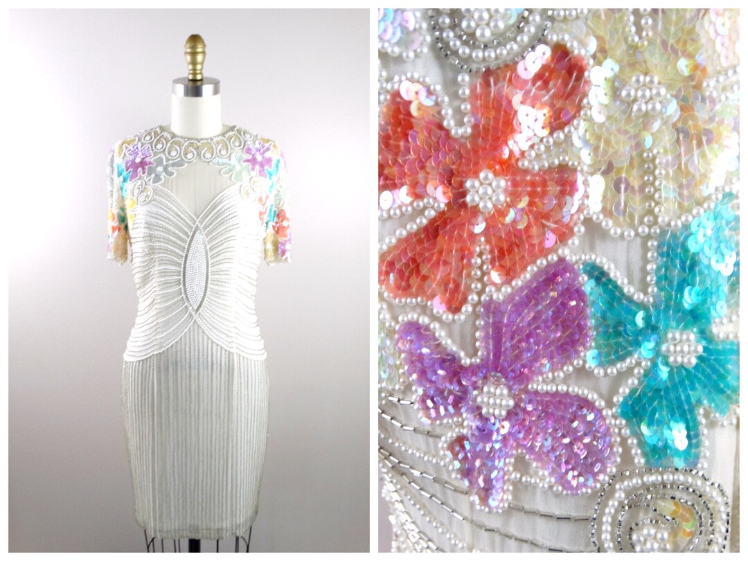XS/S Pearl Beaded Dress // Iridescent Pastel Sequin Embellished Short ...
