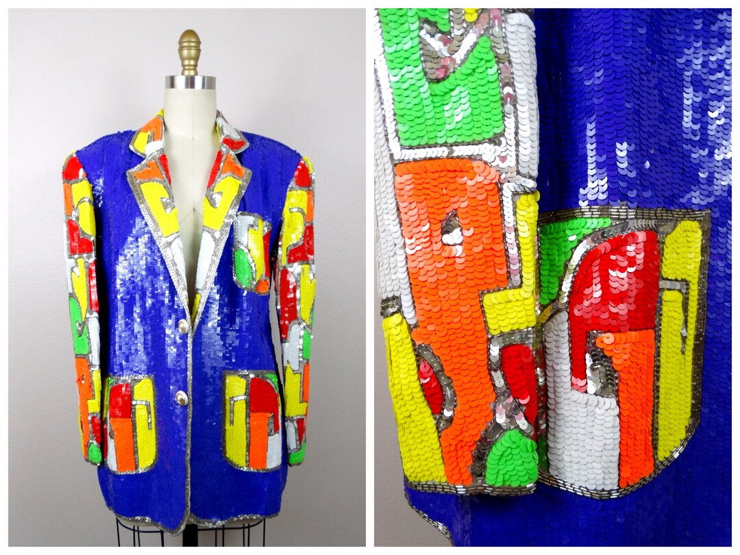 NEON Colorblock Sequin Blazer // Bright Color-block Sequined Coat ...