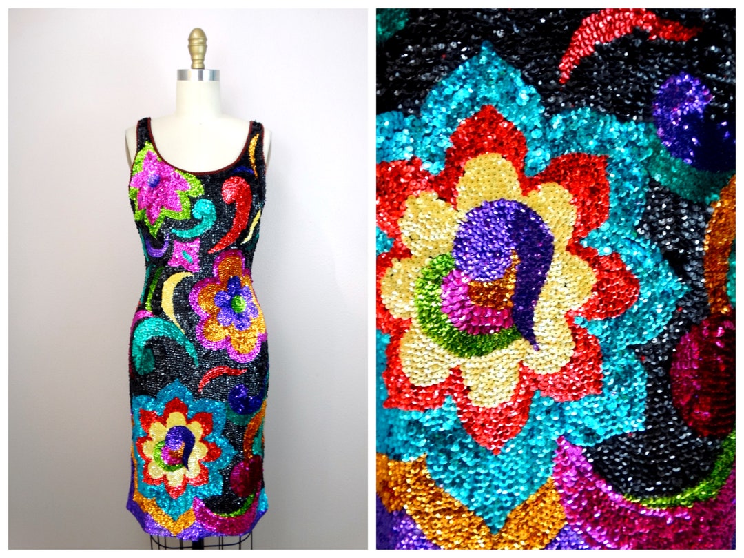 S/M Psychedelic Sequin Dress / Bright Floral Sequin Mini Dress ...