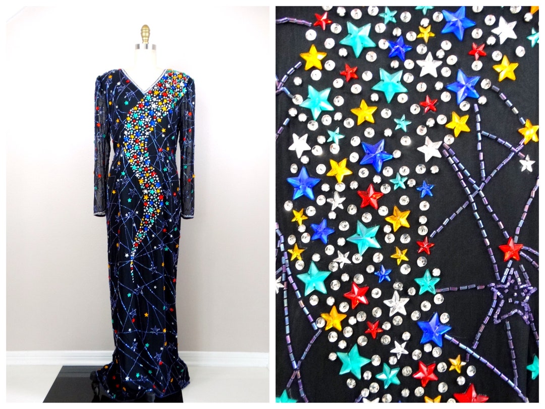 Whimsical Star Embellished Gown / Bright Bejeweled Stars Sequin Gown ...