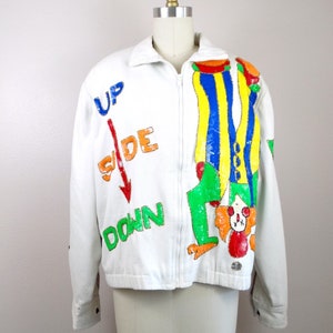 90s Circus Clown Sequined Denim Jacket // Funny Face White Bomber ...