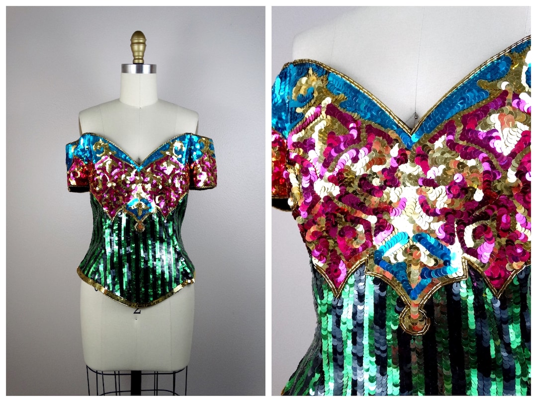 VTG Whimsical All Sequin Bustier Top / Vintage Striped Sequined Beaded ...