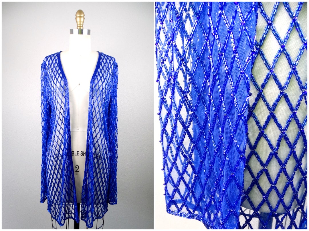 Sheer Couture Beaded Duster Shrug // Cobalt Blue Lattice Evening Jacket ...