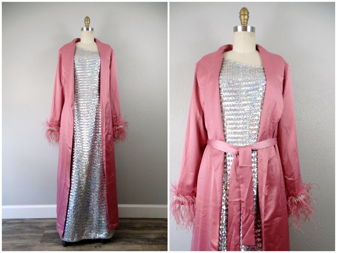 60s 70s Sequin Gown and Pink Robe / Retro Vintage Holographic Silver ...