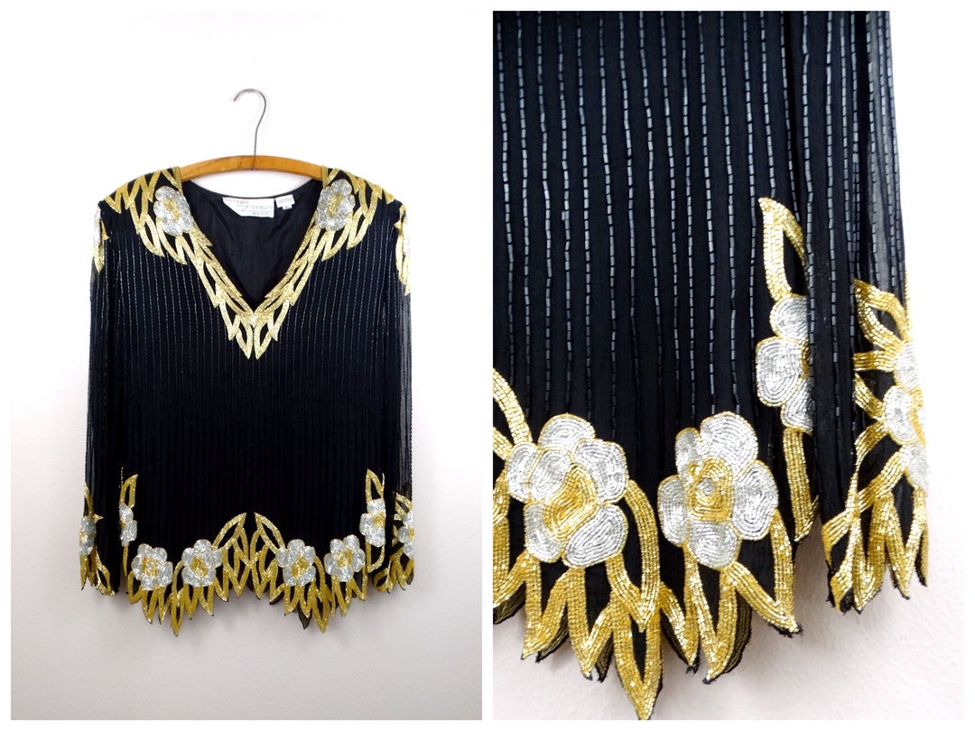 M/L Ornate Gold Beaded Silk Top // Floral Scallop Hem Bead Embellished ...
