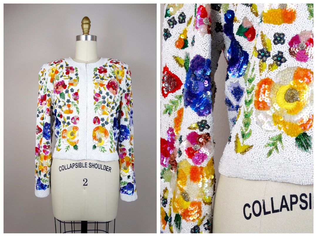 HEAVY Hand Beaded Sequin White Jacket // Bright Floral Sequined Beaded ...