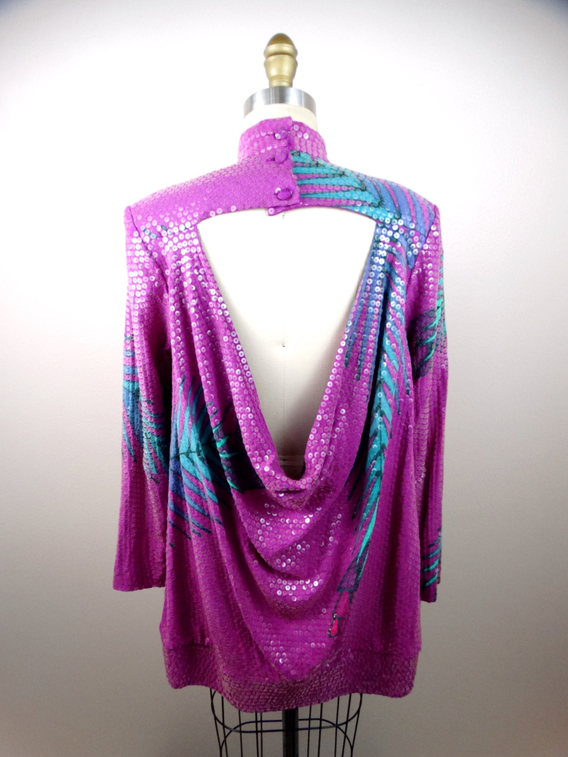 70s 80s Exotic Palms Sequin Top / 1970's Tropical Floral Top W/ Open ...