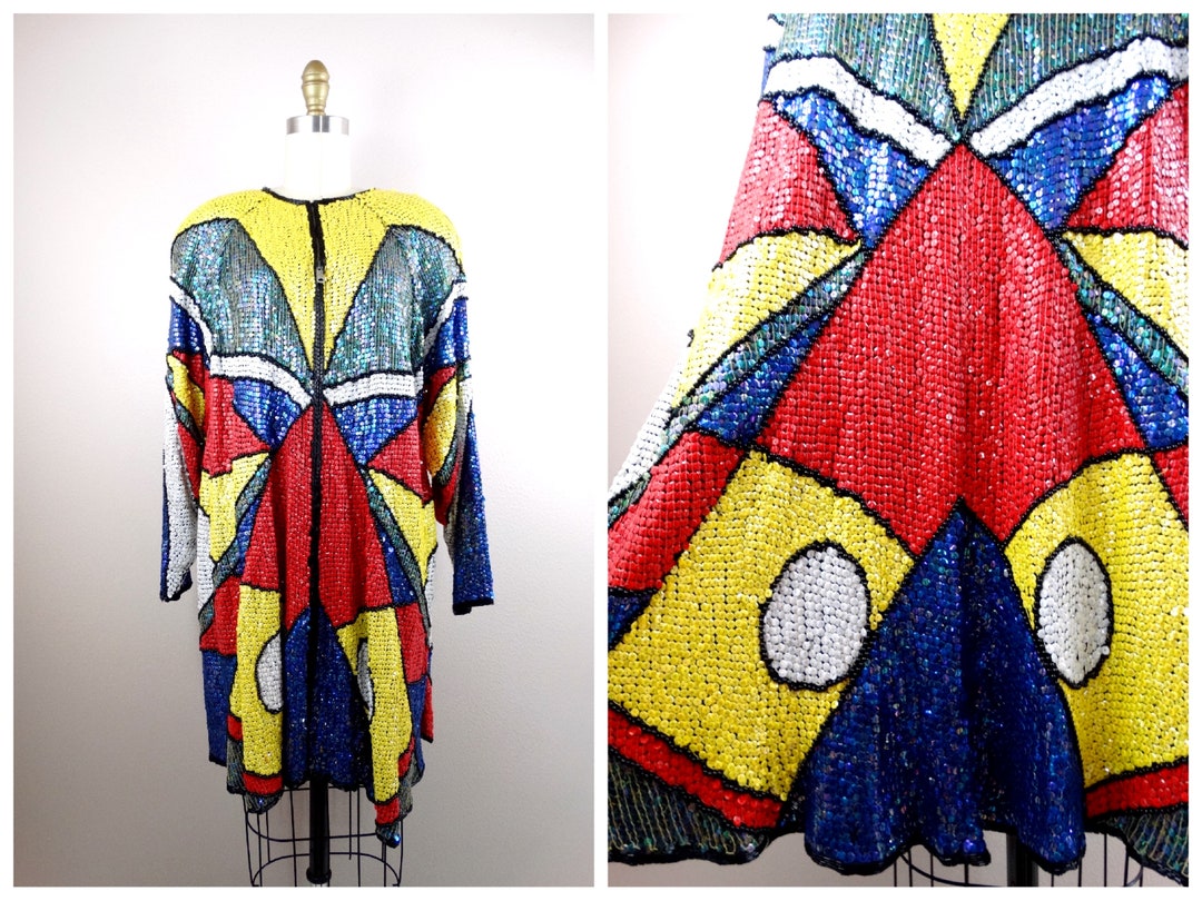 RARE Primary Color Sequin Duster / Geometric Red Blue Yellow Green ...