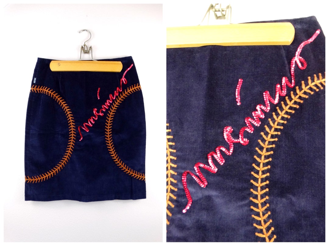 90s MOSCHINO Baseball Stitching Mini Skirt // Novelty Navy Blue & Red ...