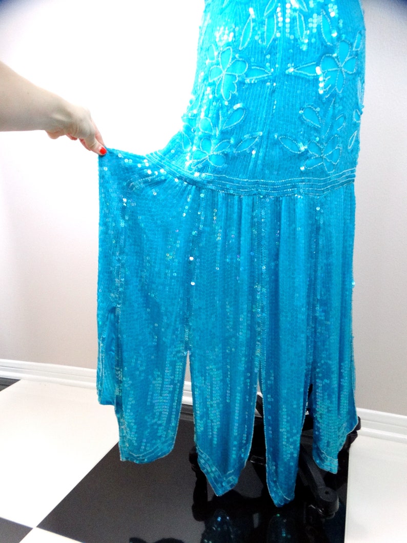 70s Lillie Rubin Blue Sequin Dress / Bright Turquoise Beaded Fringe ...