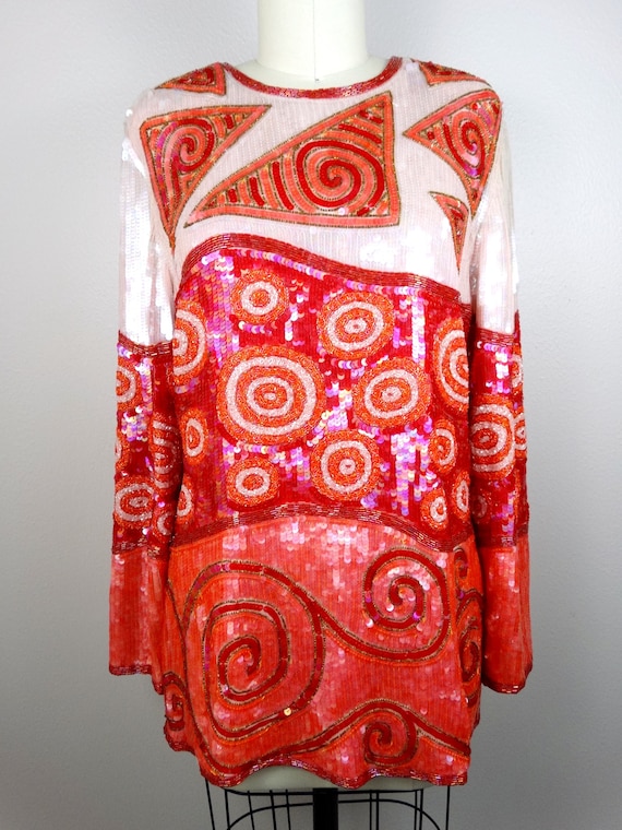 Pink and Red Sequin Beaded Top / Iridescent Sequined … - Gem