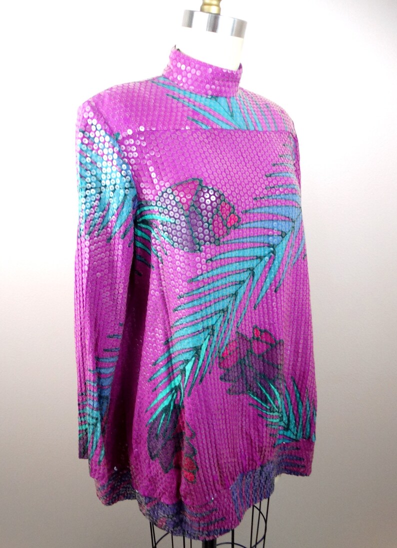 70s 80s Exotic Palms Sequin Top / 1970's Tropical Floral Top W/ Open ...