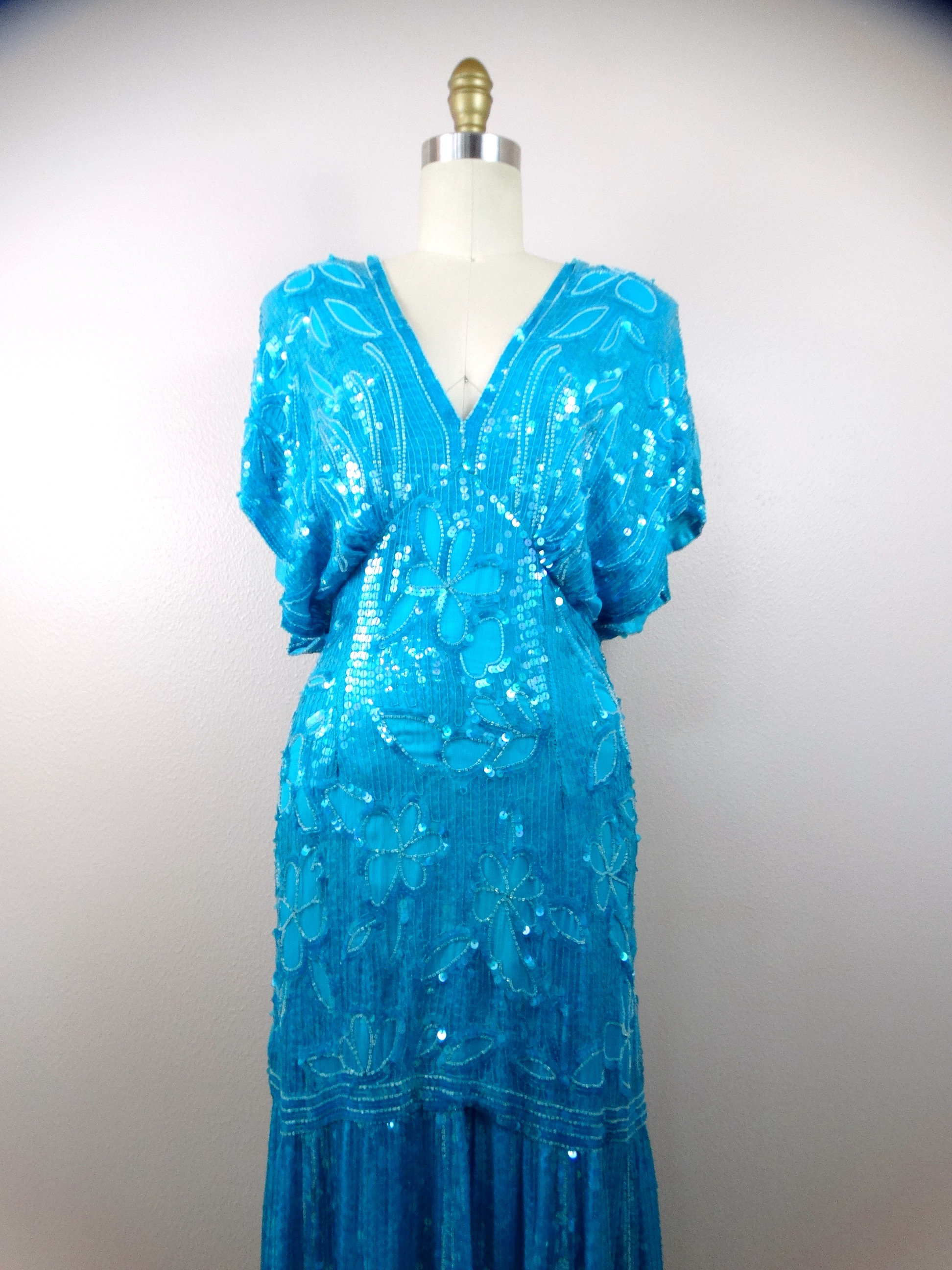 70s Lillie Rubin Blue Sequin Dress / Bright Turquoise Beaded Fringe ...