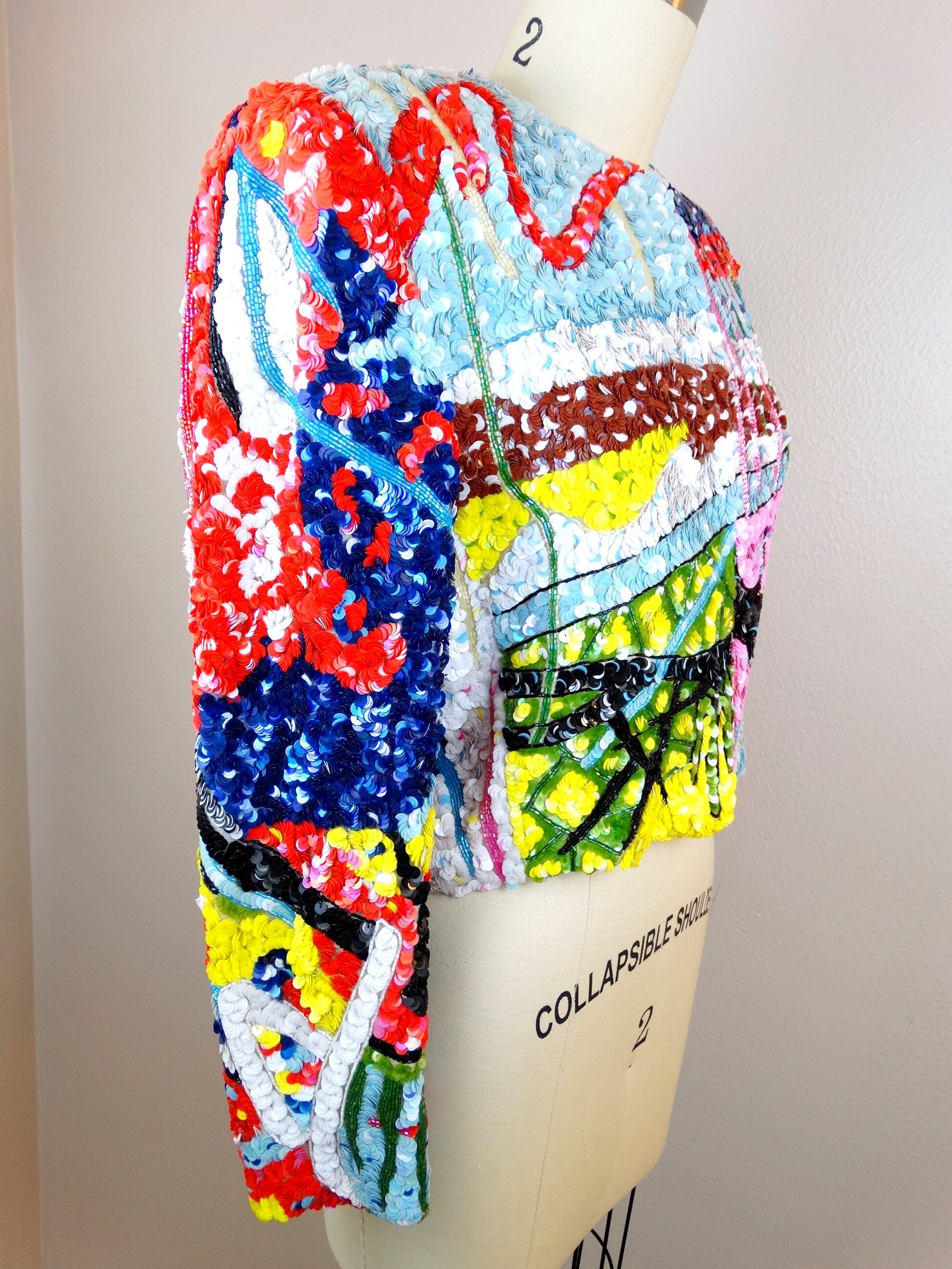 90s Neon Art Sequined Jacket / Graffiti Novelty Beaded Sequin ...