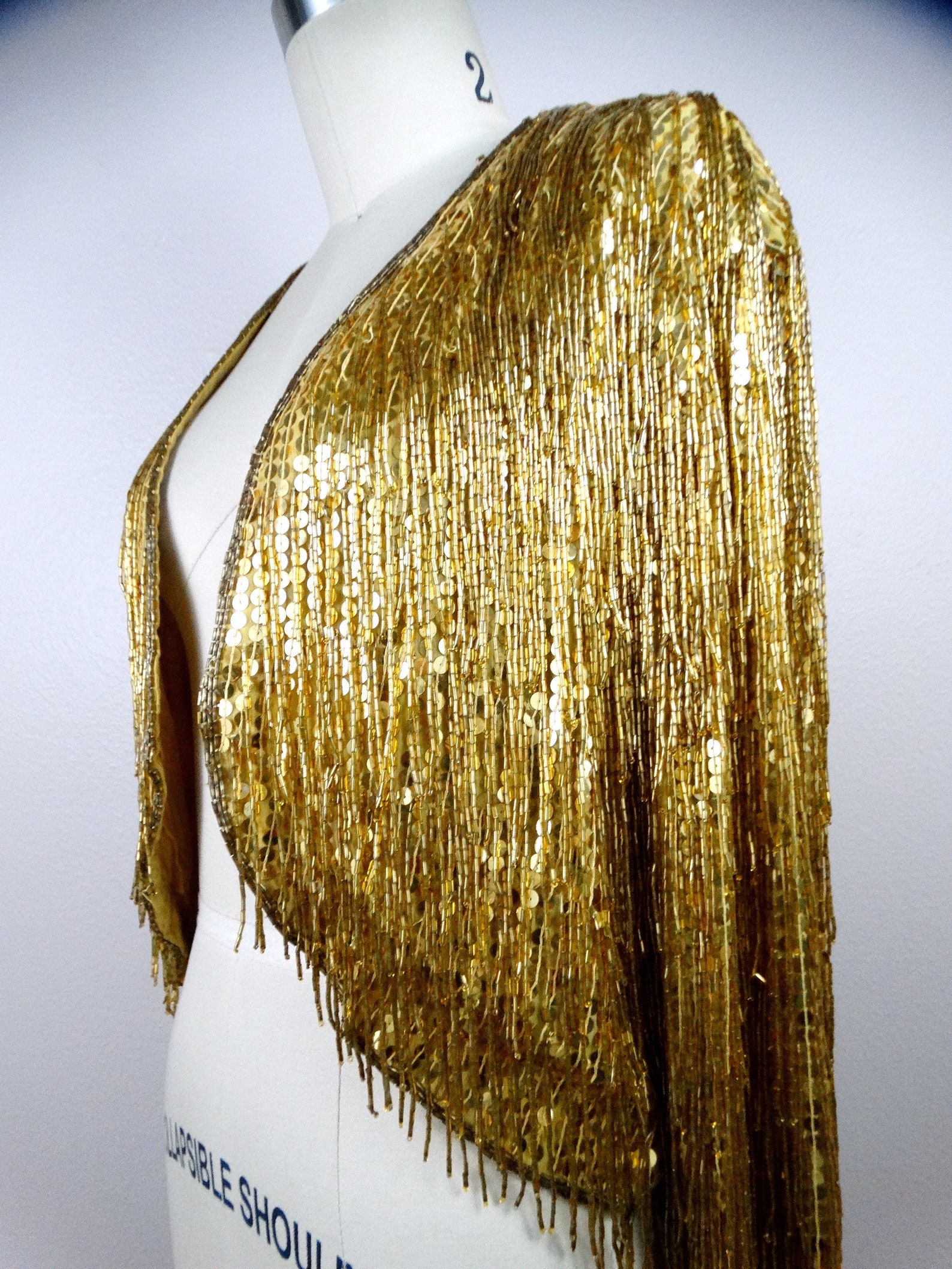 RARE Gold Fringe Beaded Bolero / HEAVY Tassel Beading Sequin Couture ...