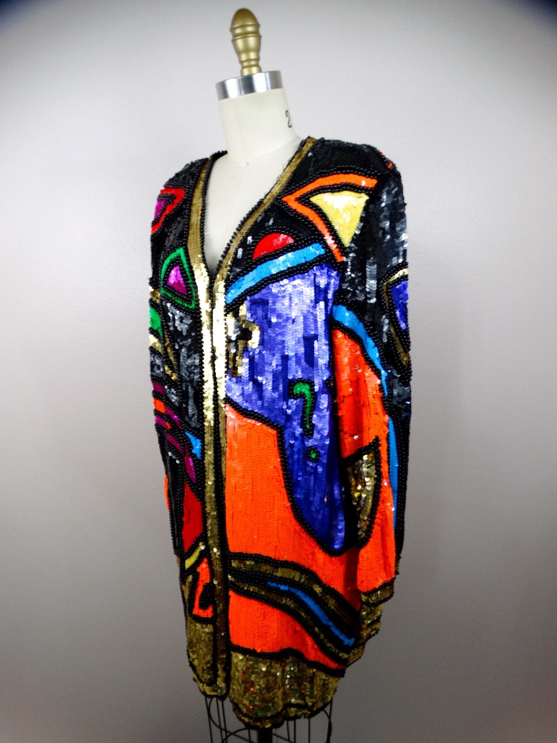 Funky 80s GLAM Sequin Jacket // Wild Neon Color Pop Black Silk - Etsy
