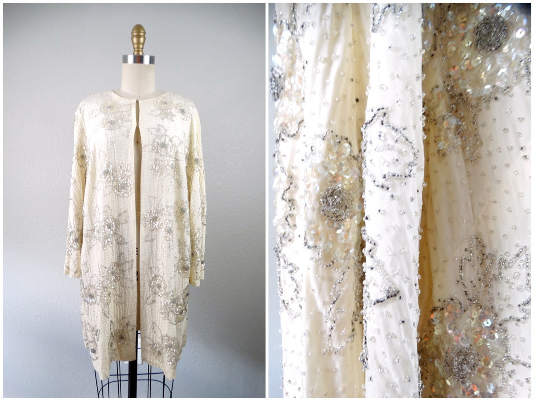50s 60s Sequined Duster / 1950’s 1960’s Iridescent Ivory Sequin Peacoat ...