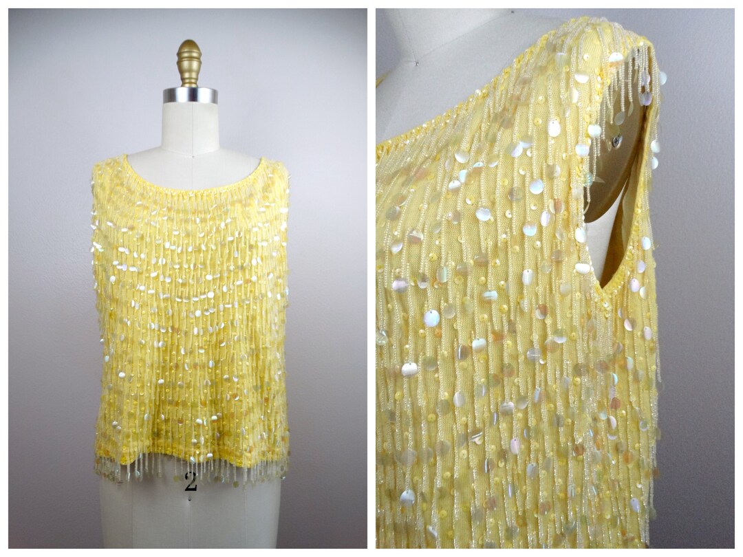 50s Paillette Sequin Fringe Beaded Top // 1950’s Pastel Yellow Sequined ...