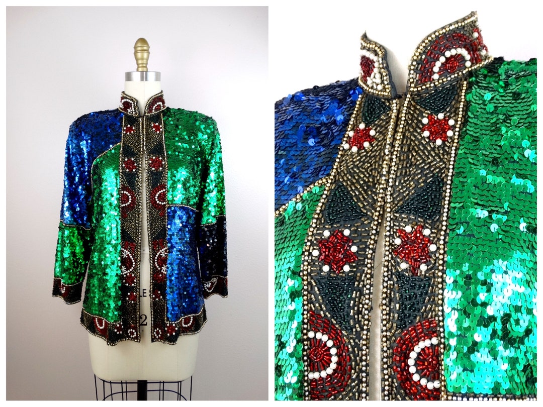 VTG Colorblock Sequin Jacket // Blue and Green Sequined Jacket - Etsy