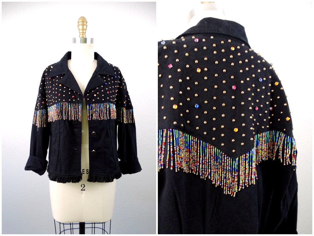 Colorful Fringe Beaded Western Jacket // Jewel Stud Embellished Cropped ...