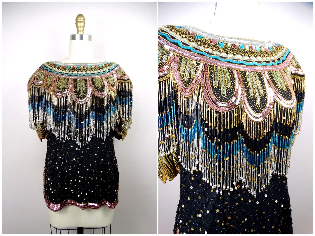 80s Art Deco Fringe Beaded Top / 1980s Black and Gold Sequined Top - Etsy