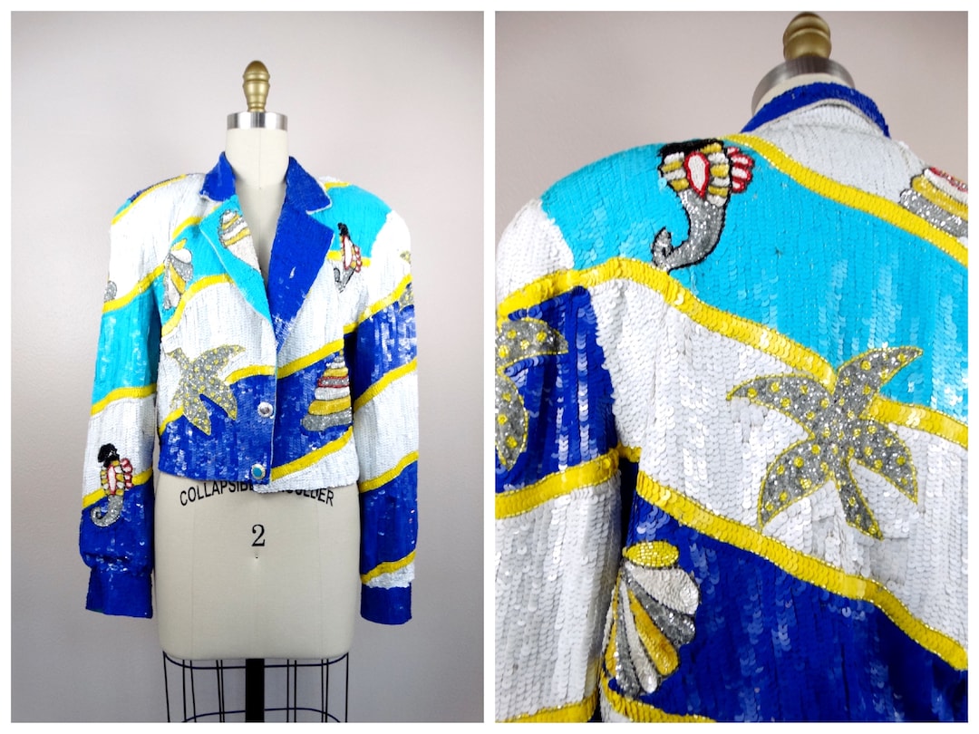 Ocean Theme Sequin Cropped Jacket // Bright Retro Seashells - Etsy