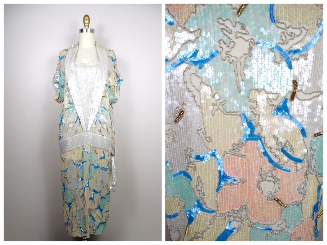 70s Iridescent Sequin Beaded Dress / Sparkling Pastel Sequined ...