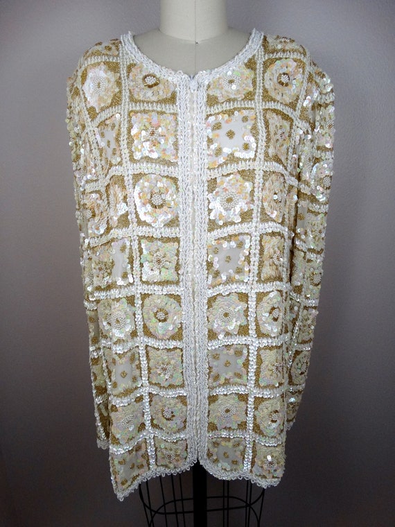 Plus Size Gold Beaded Iridescent Ivory Sequined Jacke… - Gem