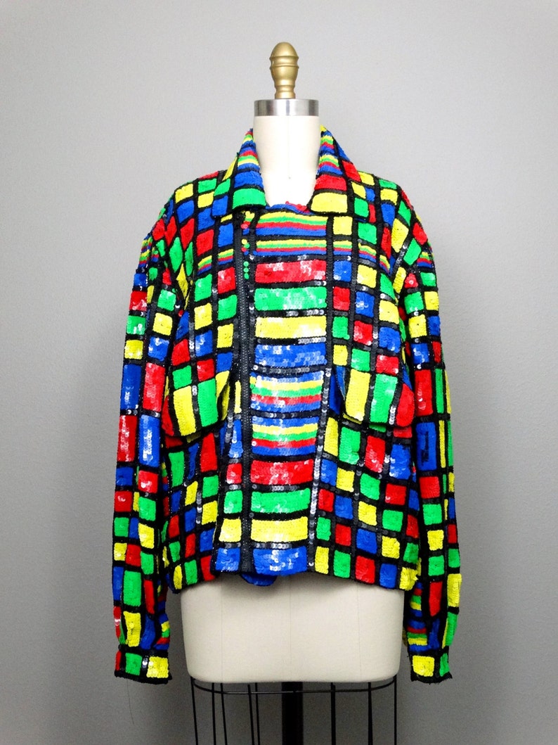 80s Color Block Sequined Moto Jacket / Bright Retro Sequin - Etsy