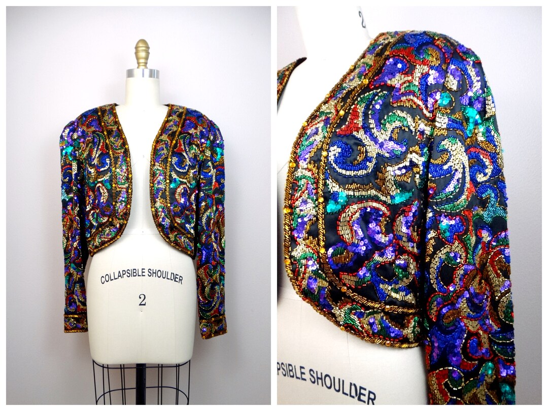 Jewel Encrusted Beaded Bolero / Bejeweled Sequined Cropped Jacket Size ...