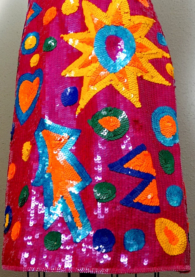 Neon Pink 80s Sequined Dress / Retro Starburst Pop Art Deco - Etsy