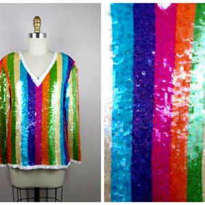 Rainbow Stripe Sequined Blouse / Bright & Colorful Sequin Embellished ...