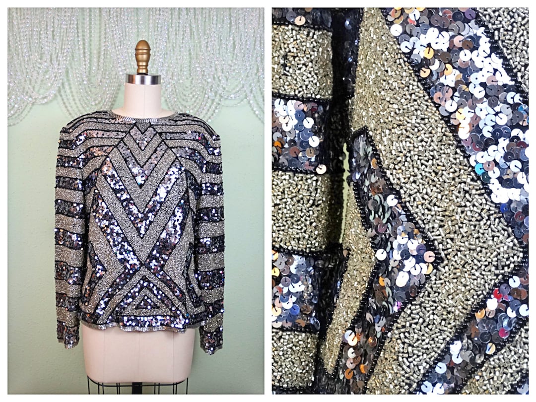 S/M Heavy Mirror Silver Sequined Beaded Top // Heavily Embellished ...
