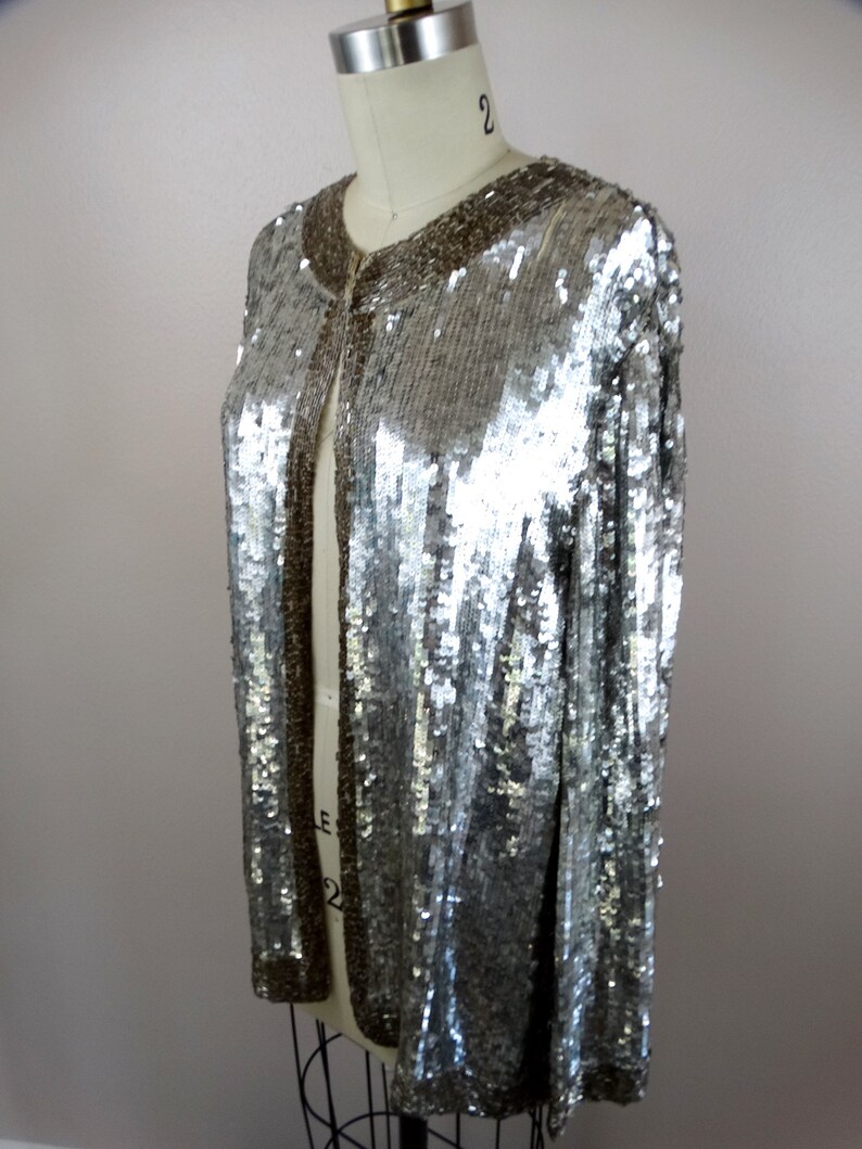 L/XL Reflective Sequin Open Cardigan / Mirror Silver Sequined ...