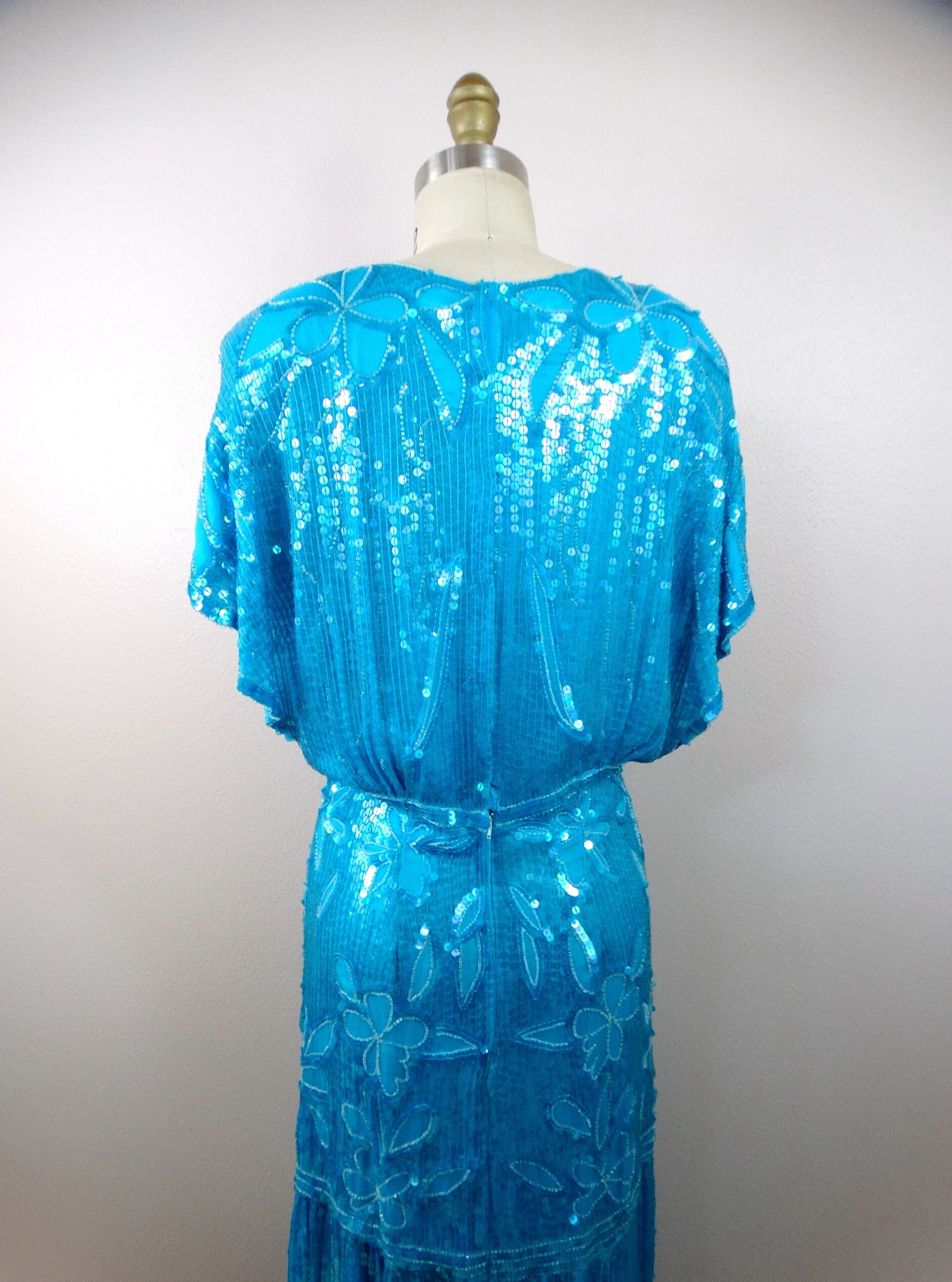 70s Lillie Rubin Blue Sequin Dress / Bright Turquoise Beaded Fringe ...
