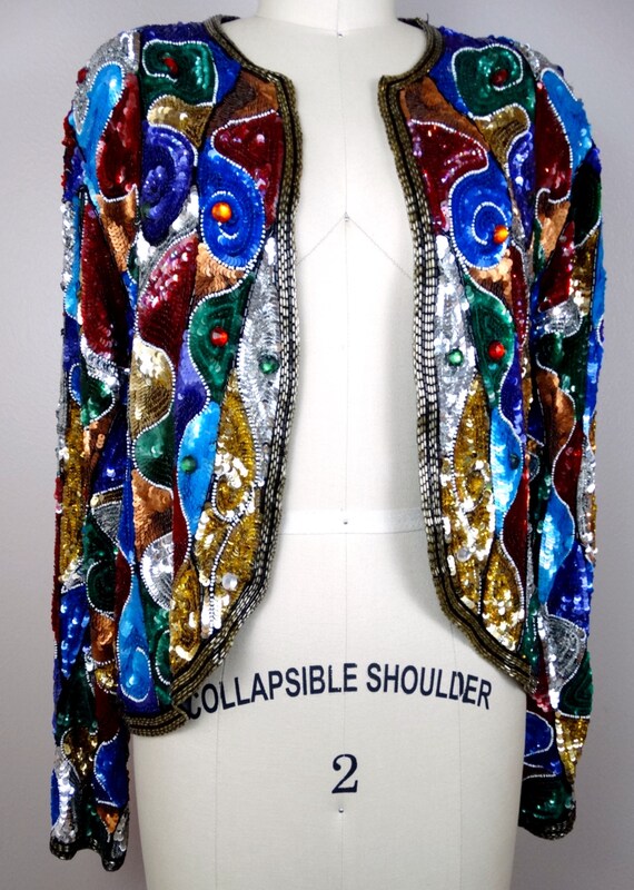 S/M Sequin Embellished Jewel Beaded Cardigan Shrug //… - Gem