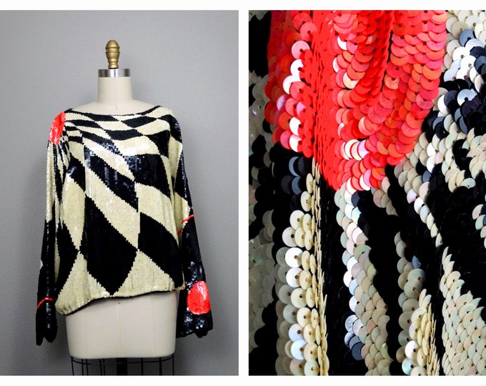 Neon Pop Sequined Top // Bright Color Pop Psychedelic Black - Etsy