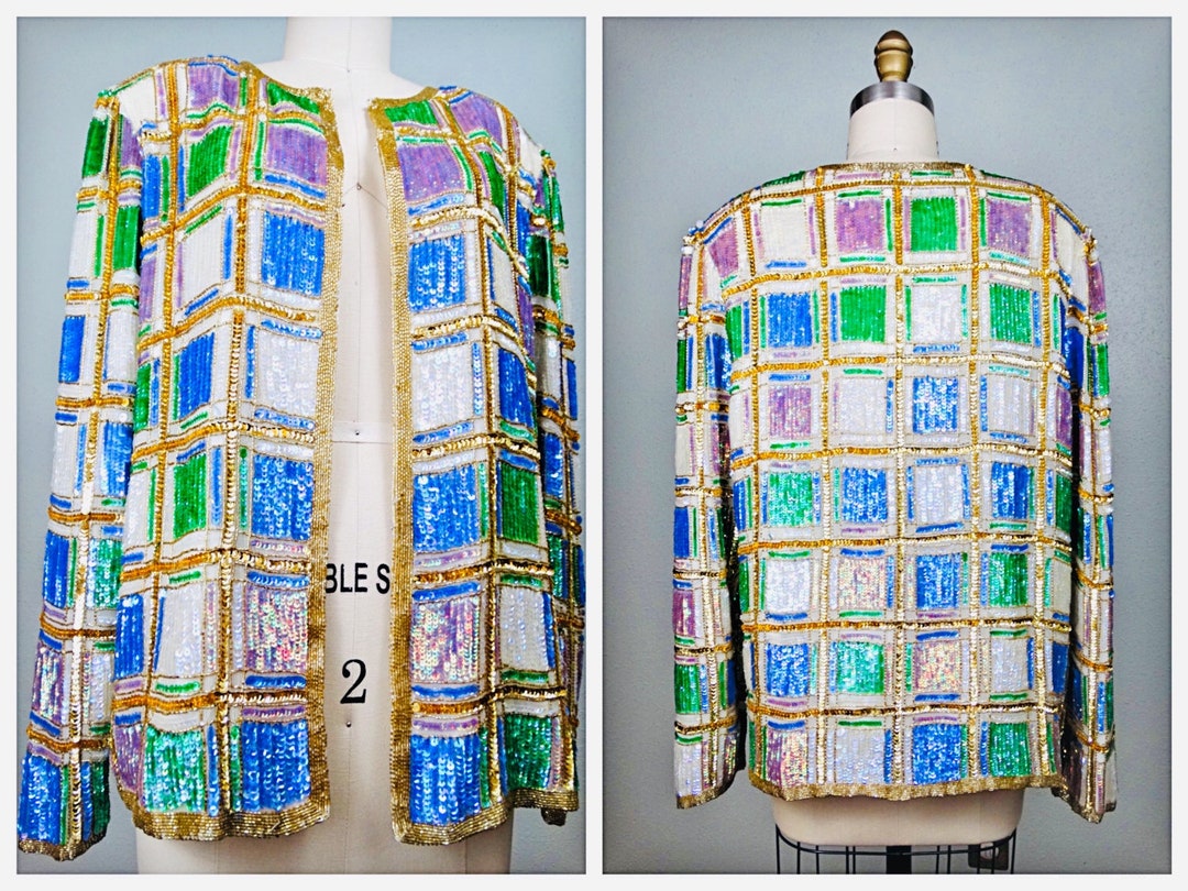 L/XL Iridescent Sequin Jacket / Green Blue Purple and Gold - Etsy
