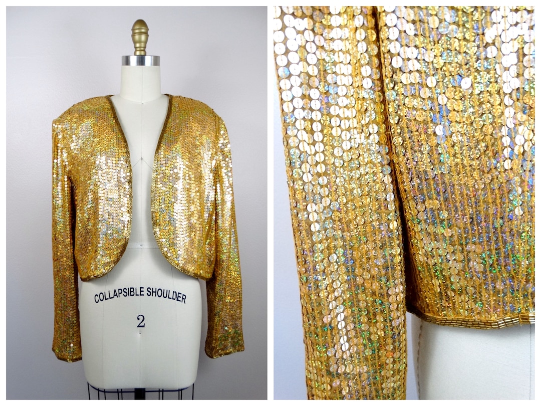 L/XL Holographic Gold Sequined Bolero // Fully Embellished Gold Beaded ...