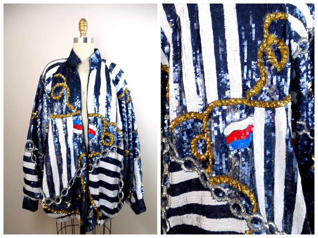 80s Nautical Sequin Coat / Navy Blue and White Striped Gold Chain ...