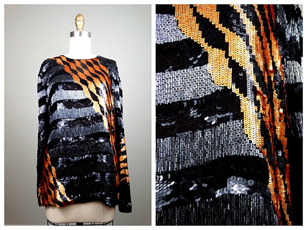 Heavy Beaded Top / Retro Black and Gold Checkered and Striped Sequin ...