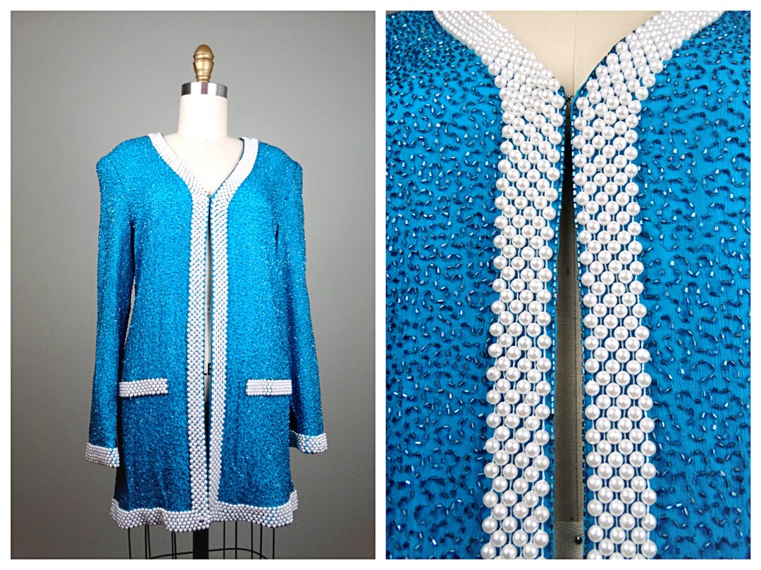 S/M Bright Blue Pearl Beaded Jacket by Judith Ann Creations / Vintage ...