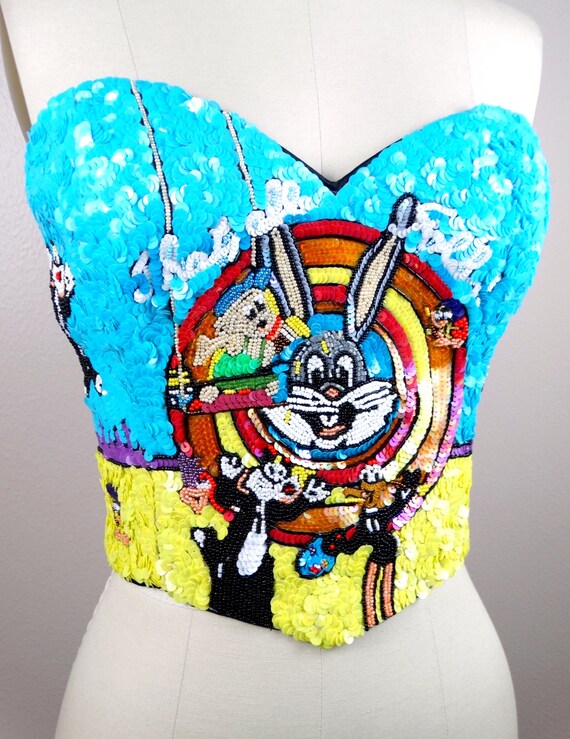 90s Vintage Cartoon Sequin Embellished Bustier / 1990… - Gem