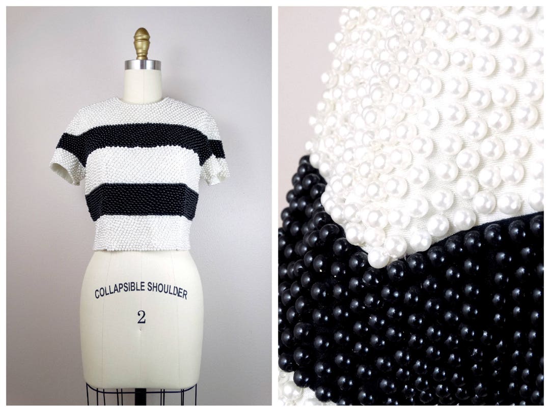 All Pearl Beaded Crop Top // Heavily Embellished Top W/ Black and White ...