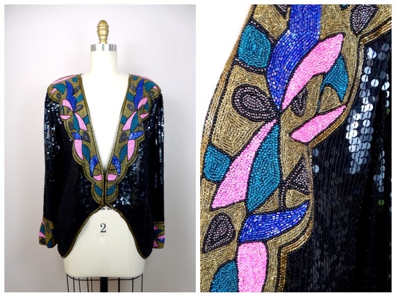 RARE Deco Micro Beaded Deep V Neck Open Top / Black S… - Gem