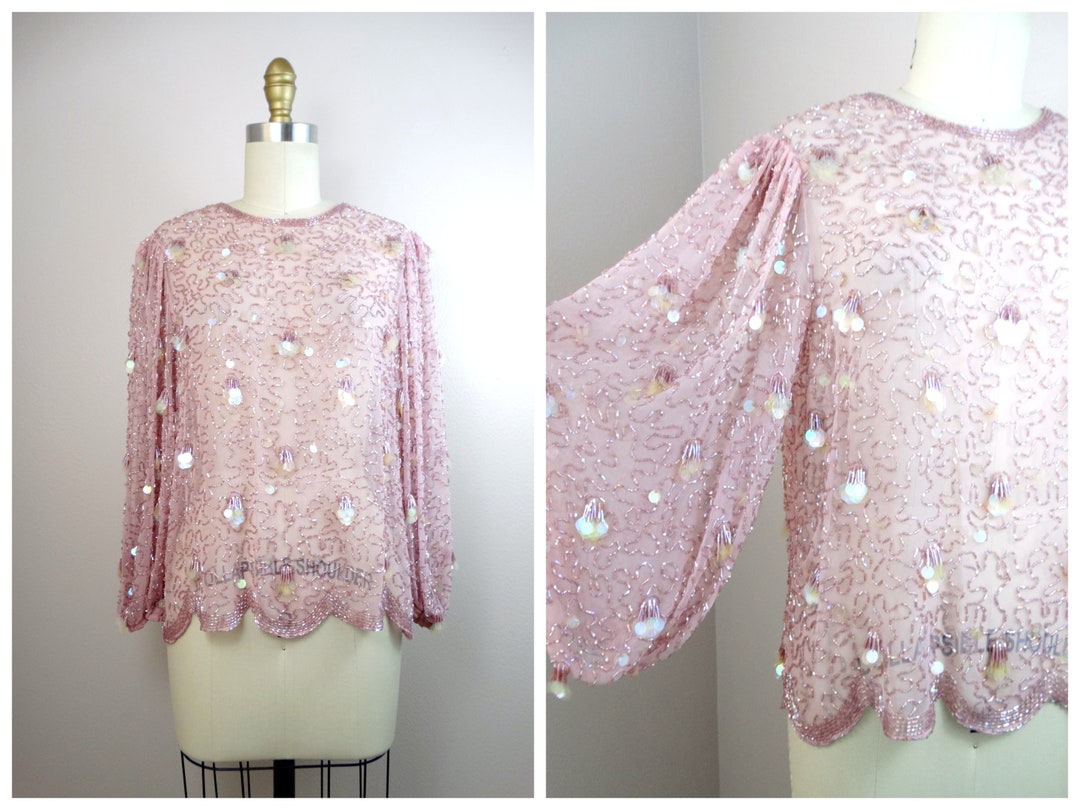 70s 80s Paillette Fringe Beaded Sheer Balloon Sleeve Top / Mauve Rose ...